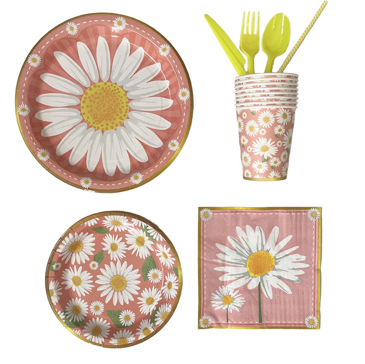 Party Paper Tableware / Cutlery Set - Daisy Flower Theme (Set of 8 ...