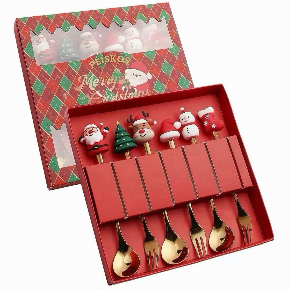 PEISKOS 6pcs Christmas Gift Golden Utensil Set with Cute Xmas ...