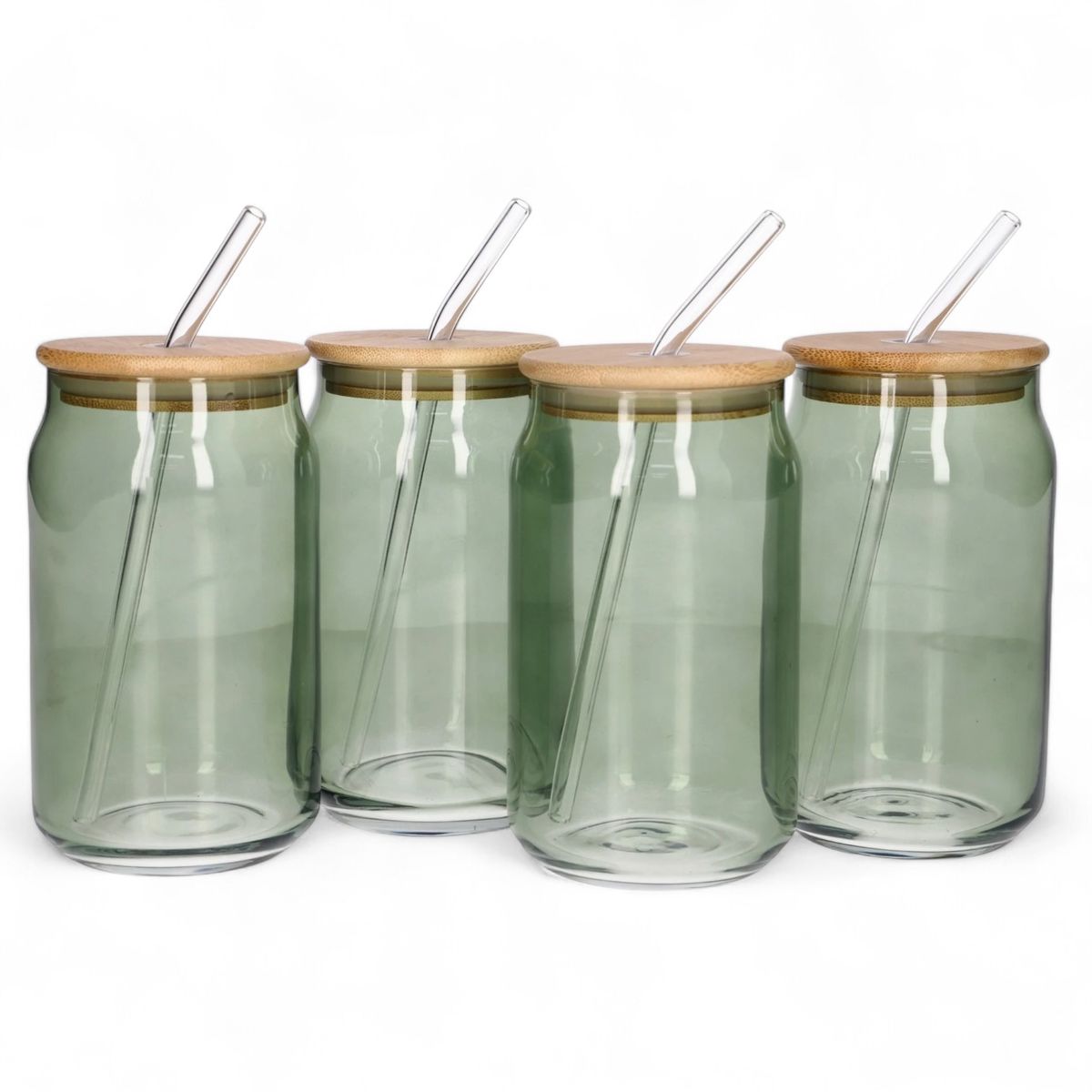 Green Cocktail Drinking Glasses with Bamboo Lids and Glass Straw - Set ...