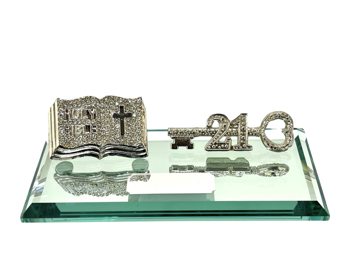 21st Key Silver Holy Bible Diamante Style on Mirror Base & Metal Key ...