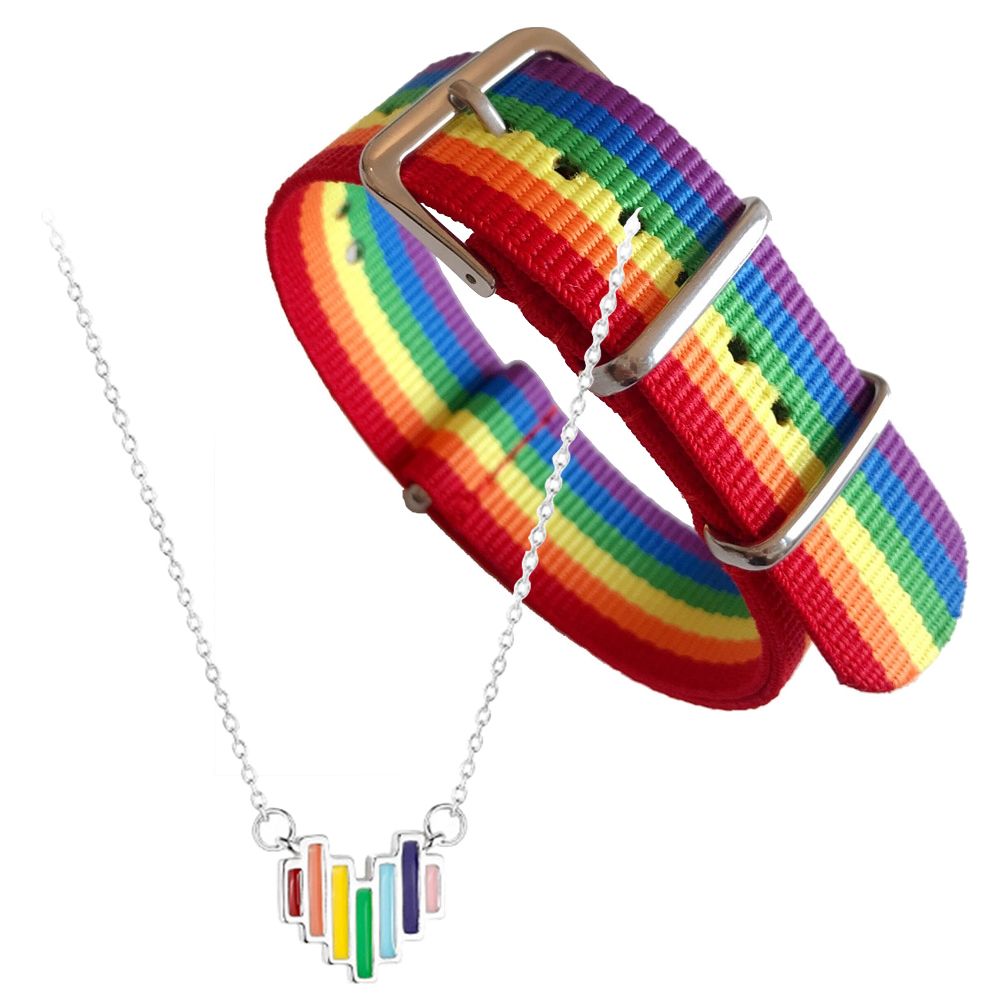 Fashion Rainbow Pride Heart Shaped LGBTQ Necklace With Strap Bracelet ...