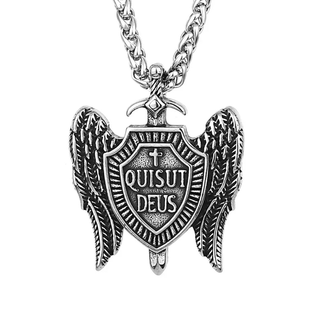 Stainless Steel 'Quis Ut Deus' Sword Shield Angel Wings Pendant ...