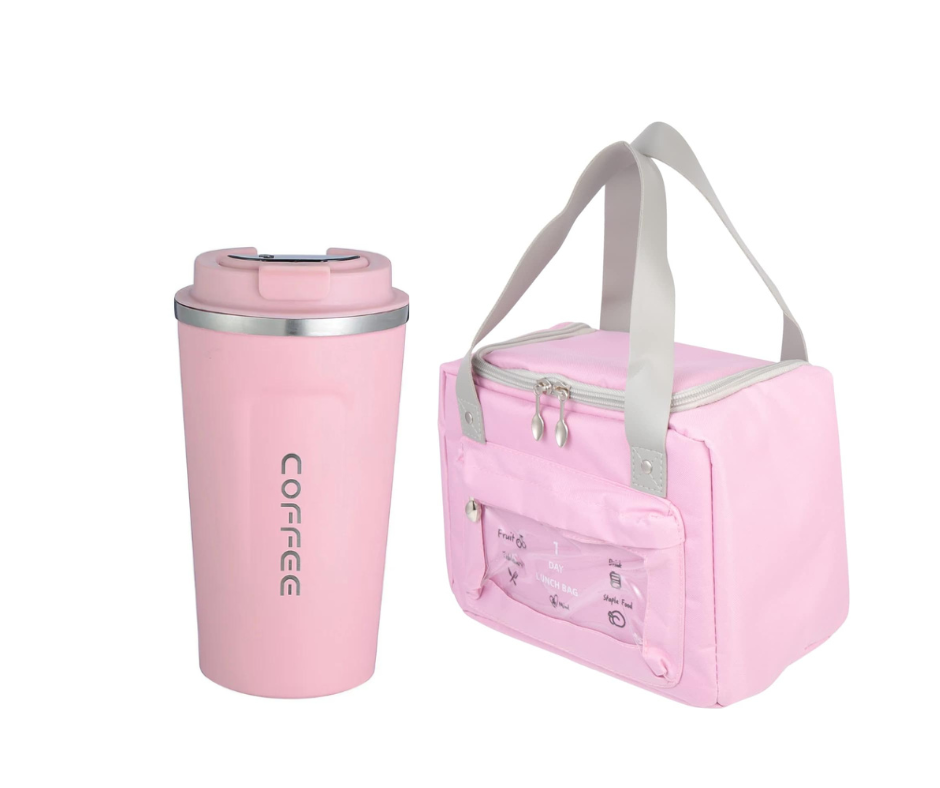 2Pack Lunch Combo Pink 380ml Coffee Travel Mug Flask & Tote Cooler Bag ...