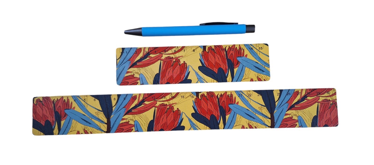 15cm, 30cm MDF Rulers with Pen Combo - Red Proteas with Blue Leaves ...