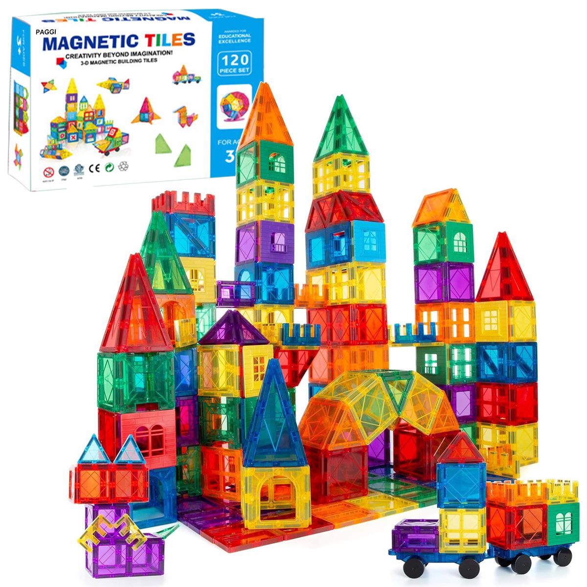 120 Pcs Magnet Tiles Magnetic 3D Building Blocks Set Kids Construction ...
