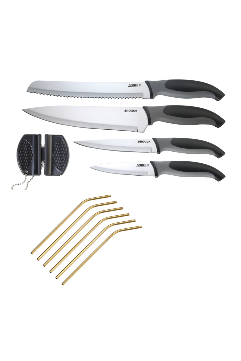 Shogun Kitchen Knife Set + 2 Stage Sharpener + Rose Gold Straw Set ...