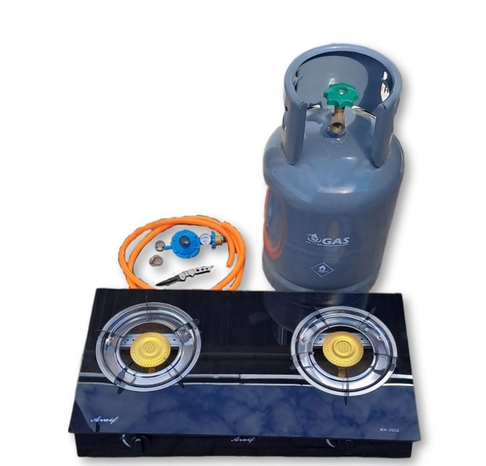 Black 2 Plate Glass Top Gas Stove with Fittings&Gas Cylinder 9kg& Knife ...