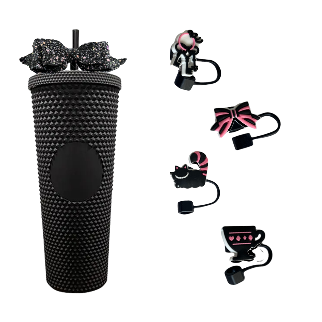Black Fully Studded Tumbler Matte Studded with Lid Straw 4 Stoppers ...
