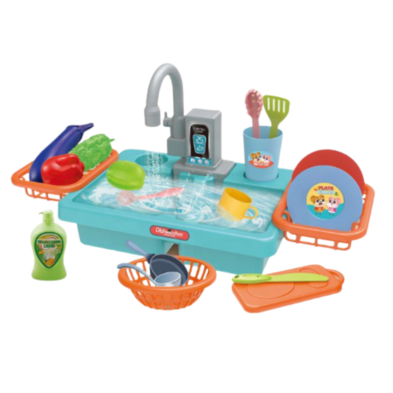 Toddler Kitchen Pretend Dishwashing Sink Set with Dishes Toy - Blue ...