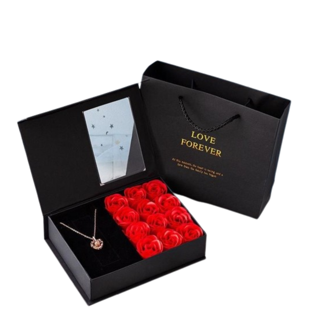 Real Preserved Roses In A Box with Necklace and Gift Box Carry Bag ...