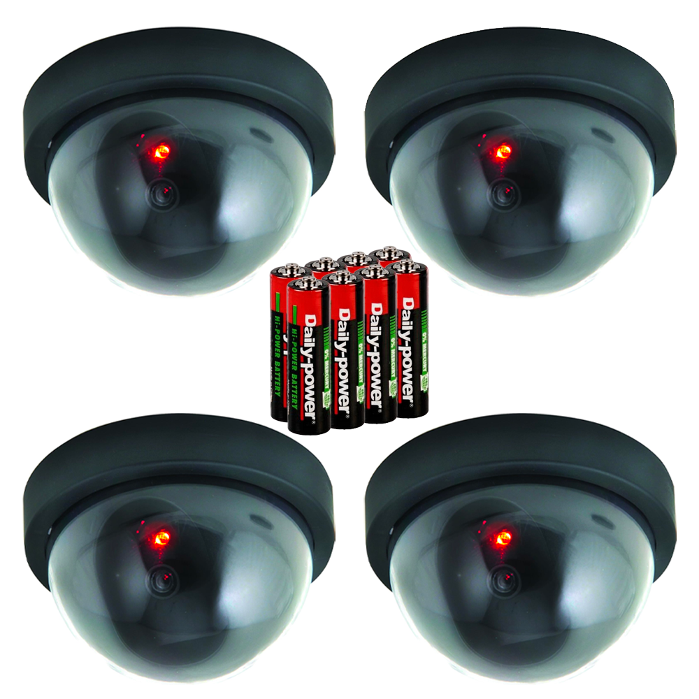 4 Dummy Dome Security Cameras with Flashing Red Light + 8 Batteries ...