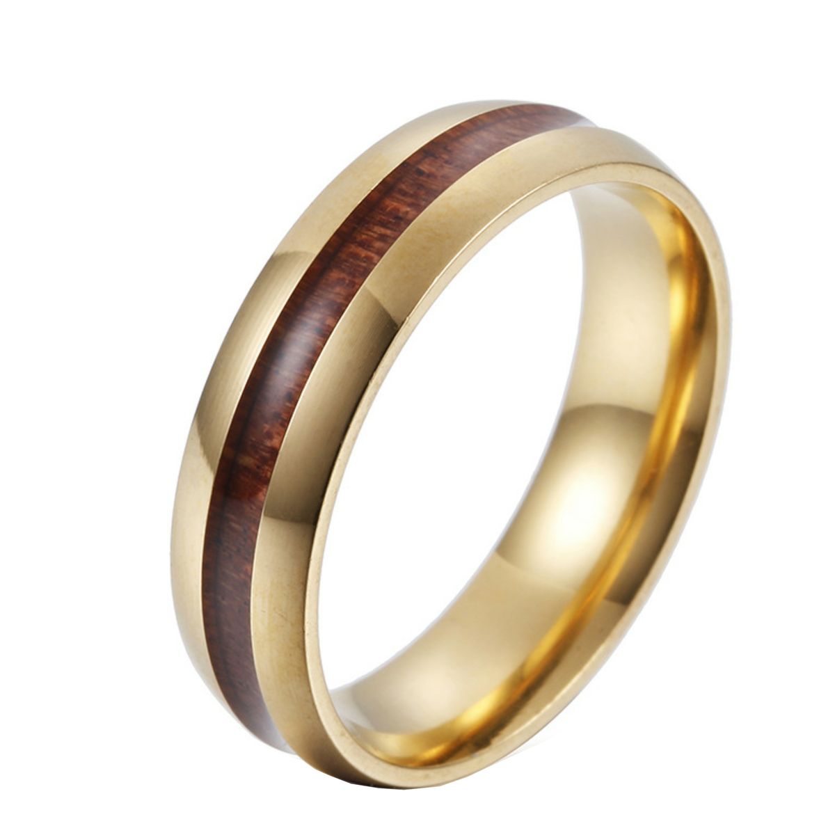 Men's Nature Koa Wood Inlay Ring 6mm Domed Stainless Steel Highlander ...