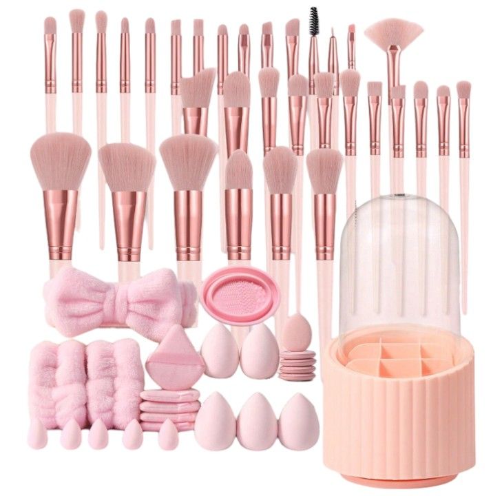 57 Piece Makeup Brush and Beauty Blender Set With Storage Bucket - Pink ...