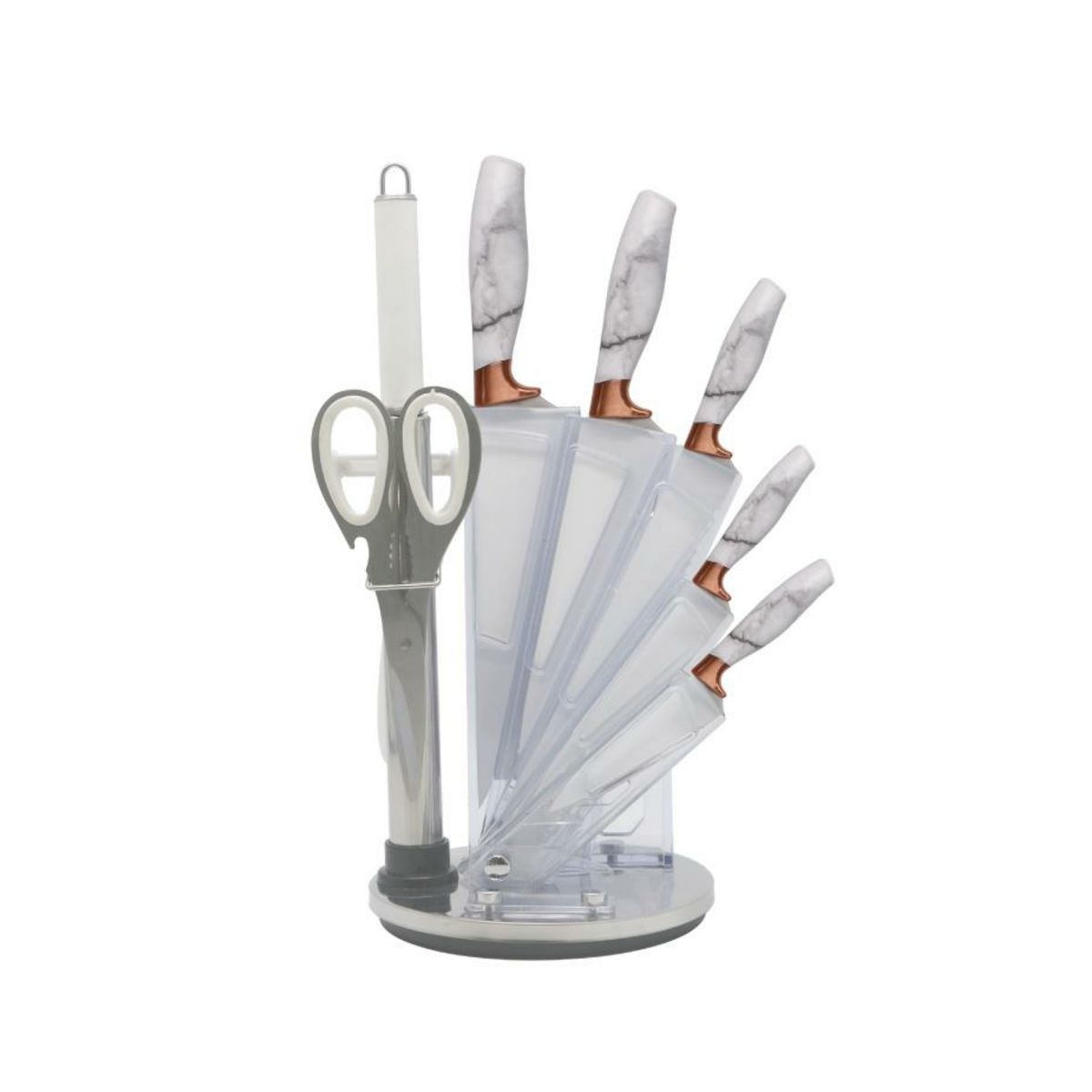 Royal Homeware 9Pc Knife set Marble & Rose Gold Trim- revolving stand ...