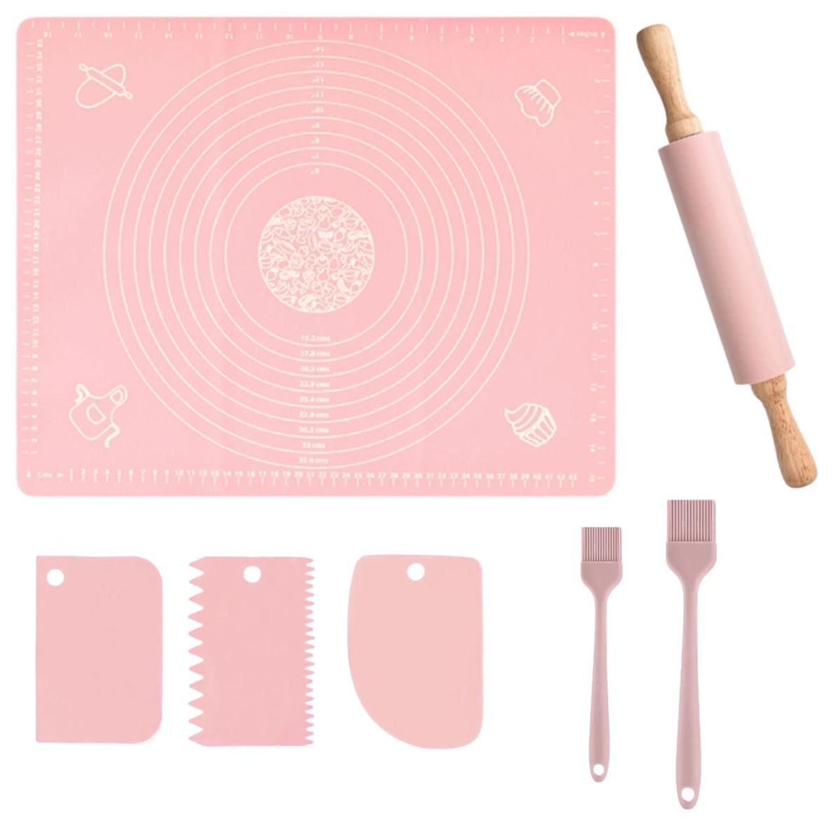 7Pcs Silicone Baking Set Rolling Pin and Mat Cake Scrapers and Brushs ...