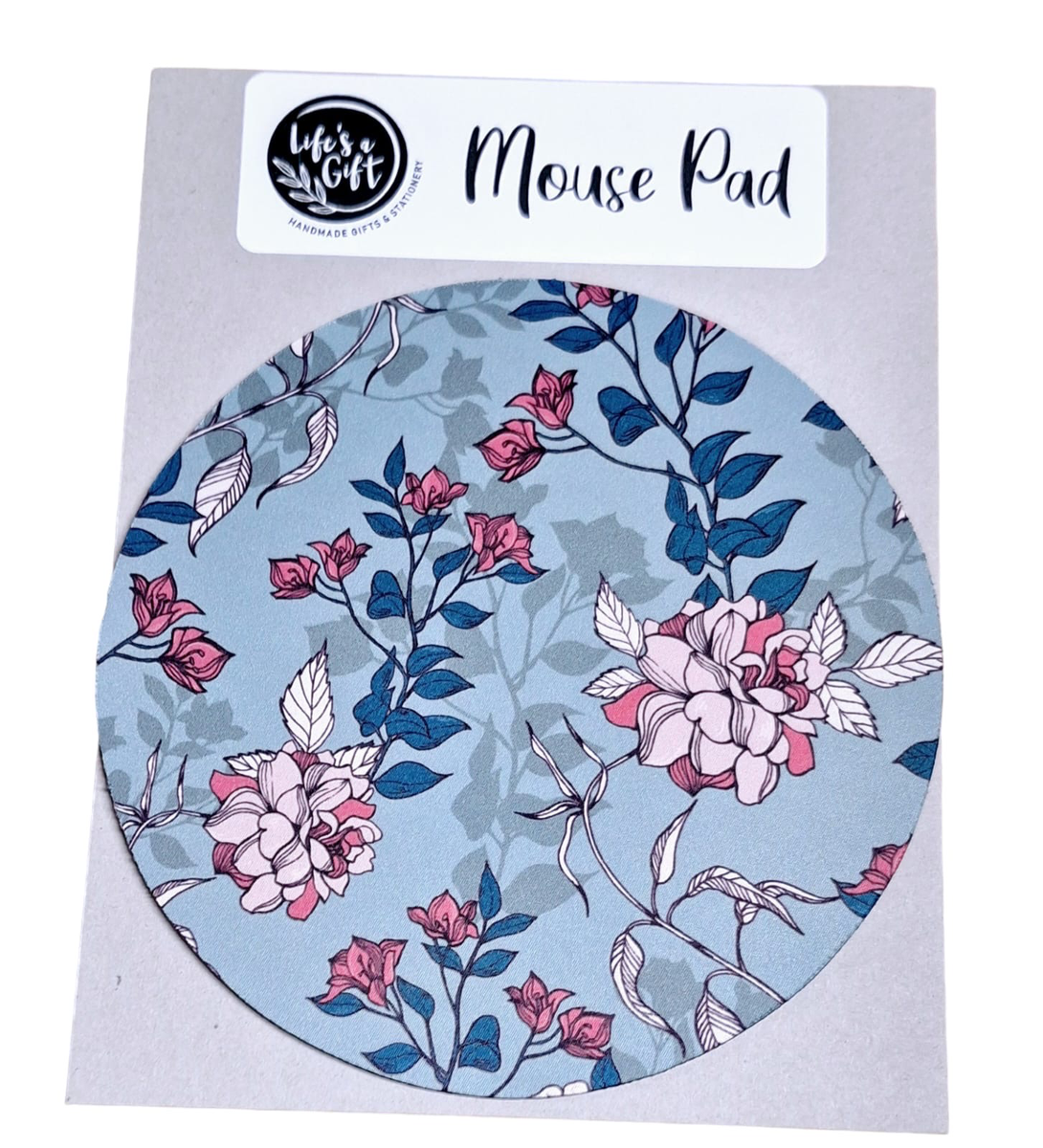 20cm Round Mouse Pad-Small Pink Flowers with Blue, Grey & White Leaves ...