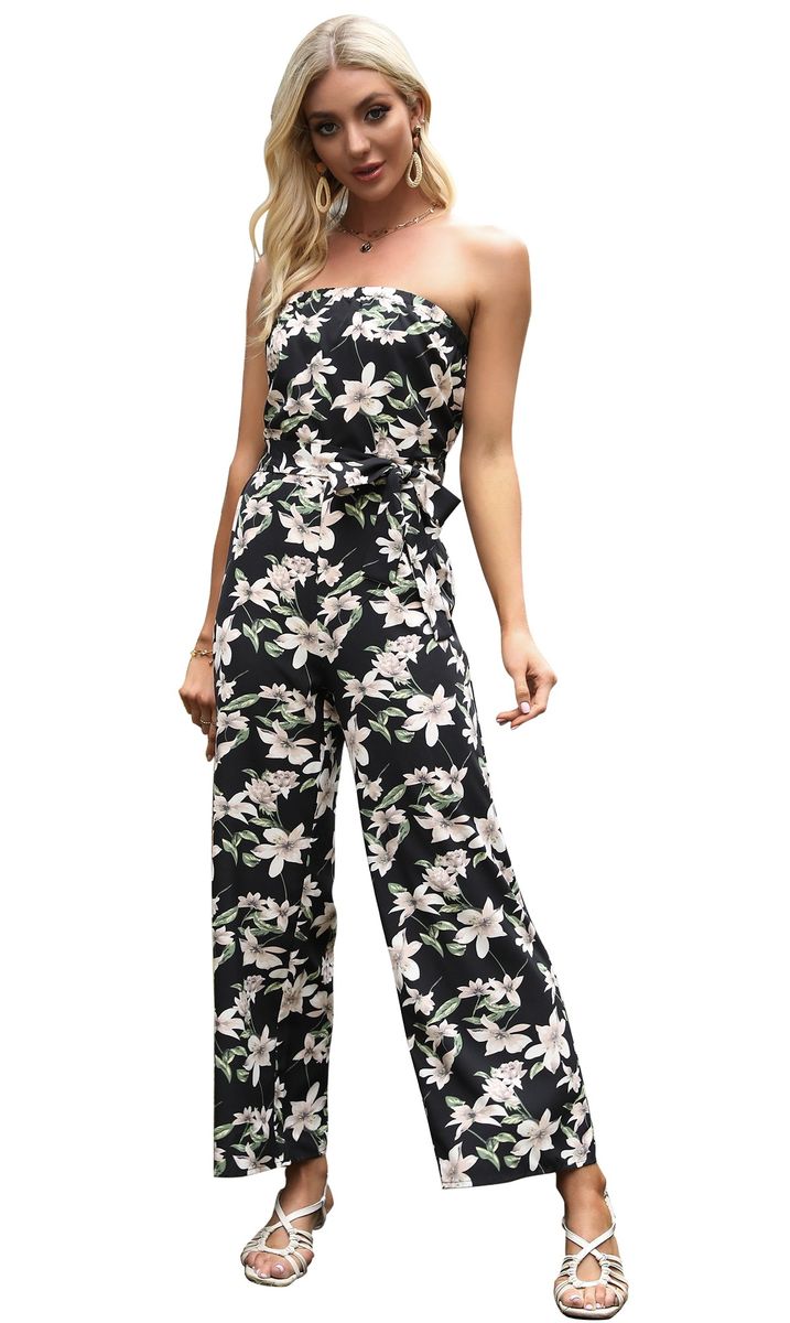Women Strapless Tube Top Romper Off-Shoulder Floral Print Wide Leg ...