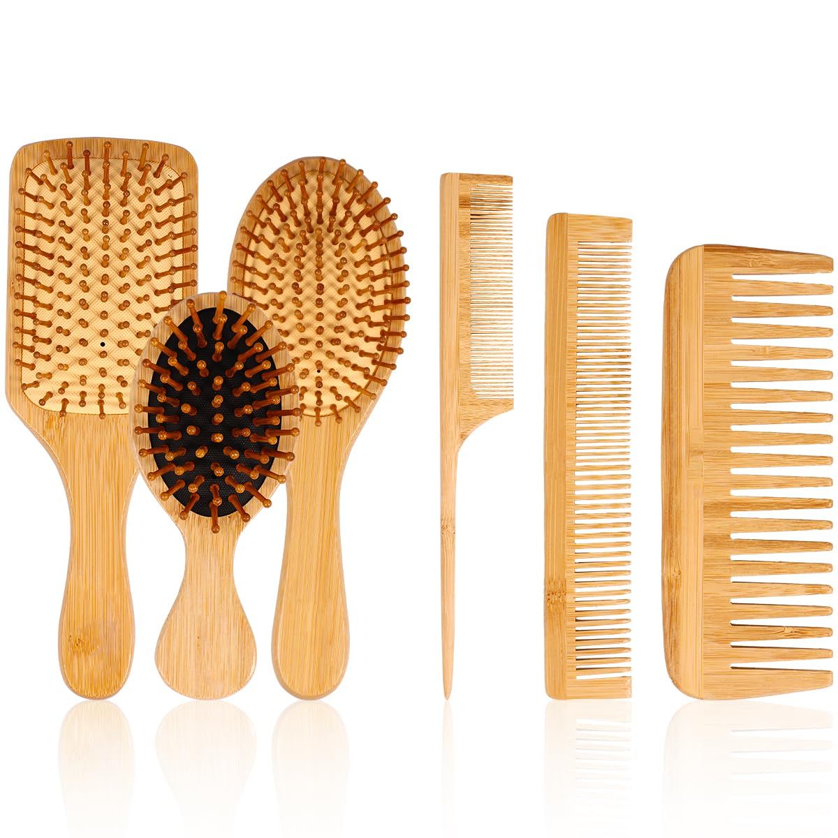 6 Piece Bamboo Hair Brush and Comb Set for All Hair Types - Natural ...