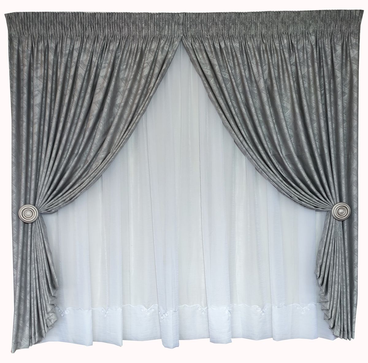 Budget Curtain Set 5m Galaxy Grey 5m White Crush Cornelly Voile | Shop ...