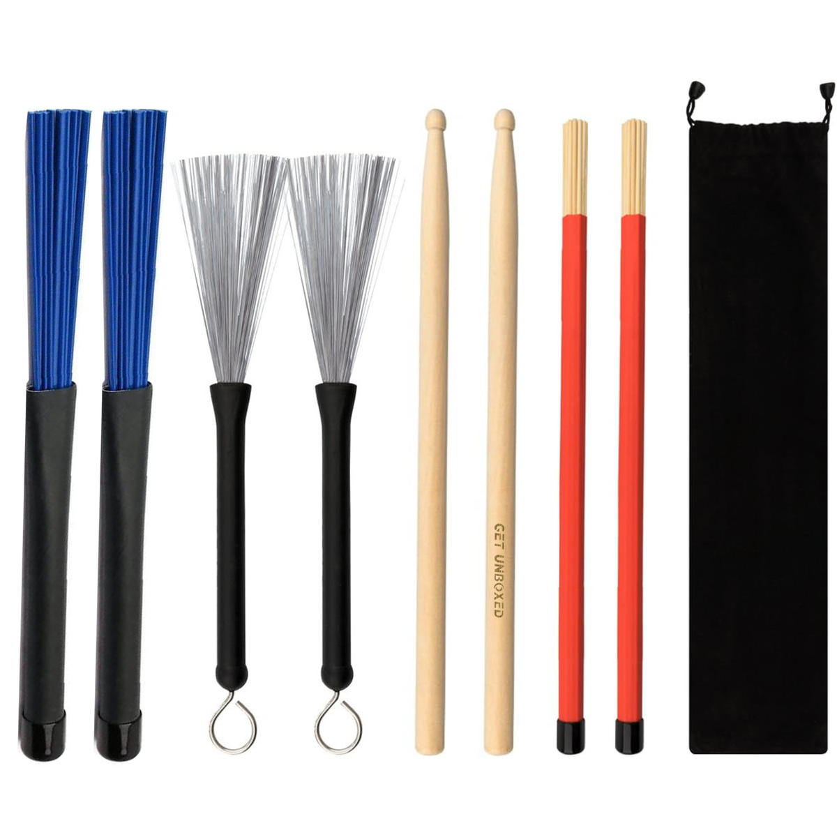 GET UNBOXED Drum Stick Brush Set Drum Sticks Wire Brushes Nylon Brushes ...