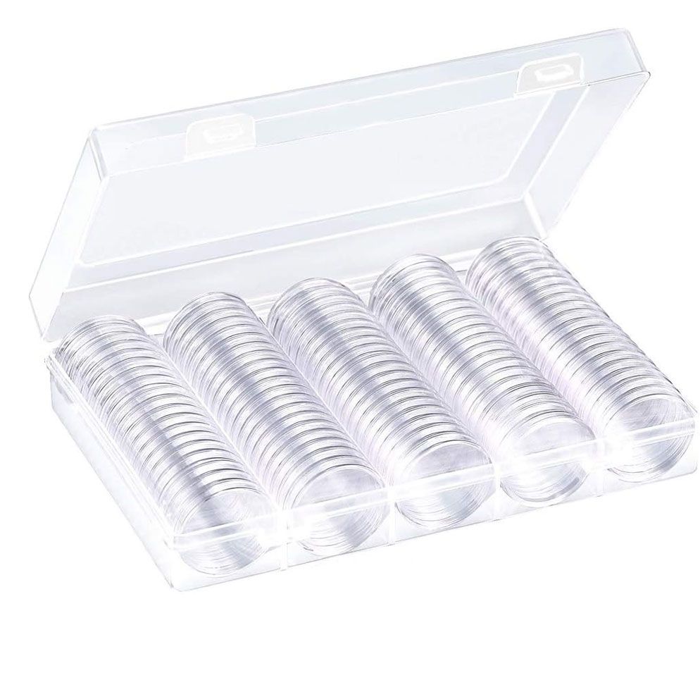 100-Pack 25mm Plastic Coin Capsules with Storage Box & Foam Gasket ...