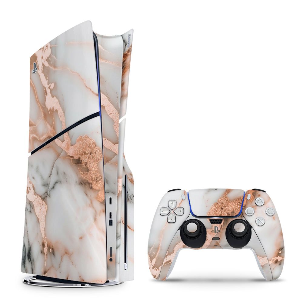Decal Skin Sticker Compatible with PS5 Slim: Marble Rose Gold Accents ...