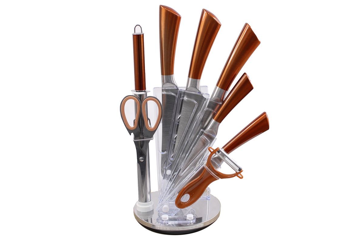 9 Piece Stainless Steel Kitchen Knife Set & Rotating Stand - Copper ...