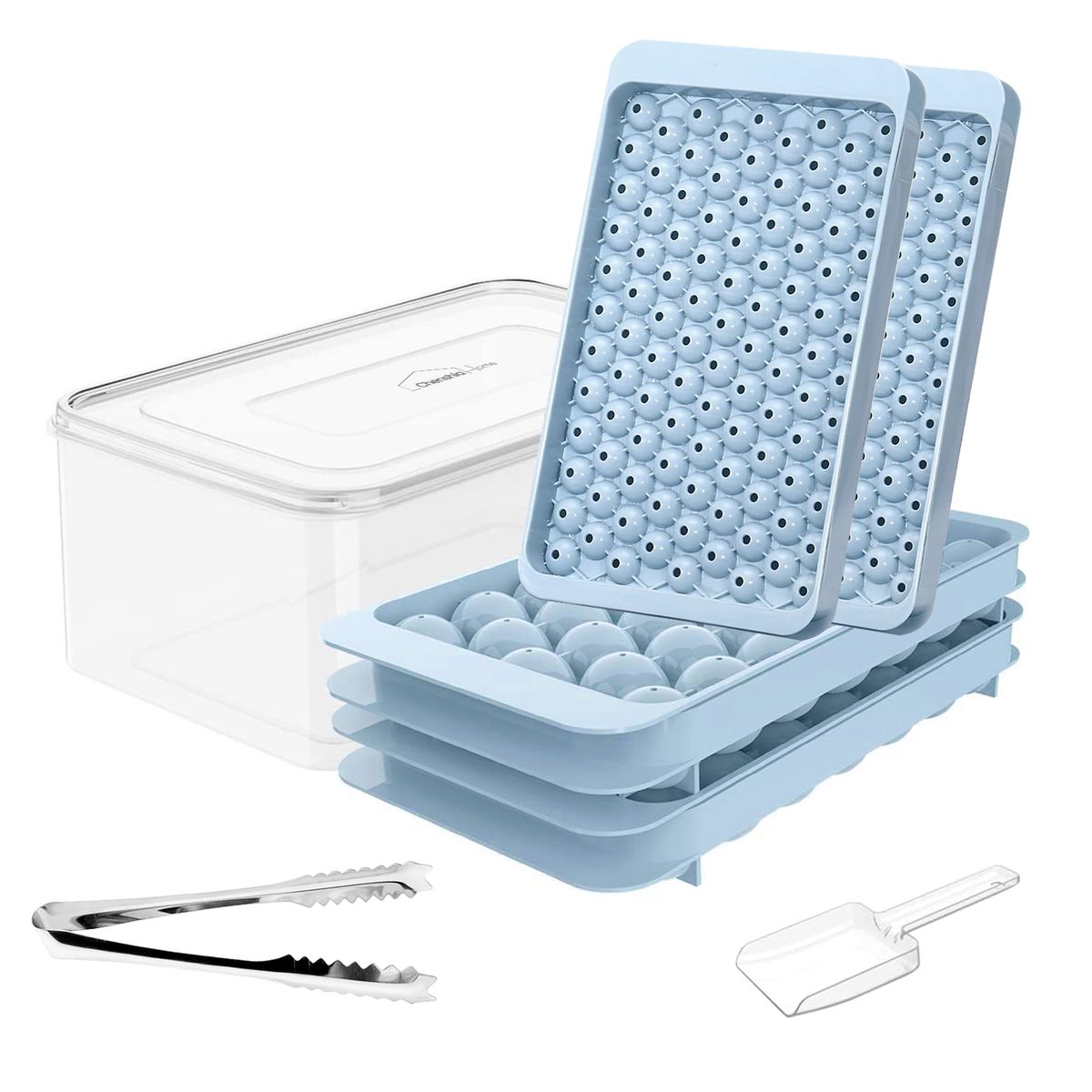 4 Ice Making Trays Round Ball Novelty Ice Cube Mold with Lid & Bin Set ...