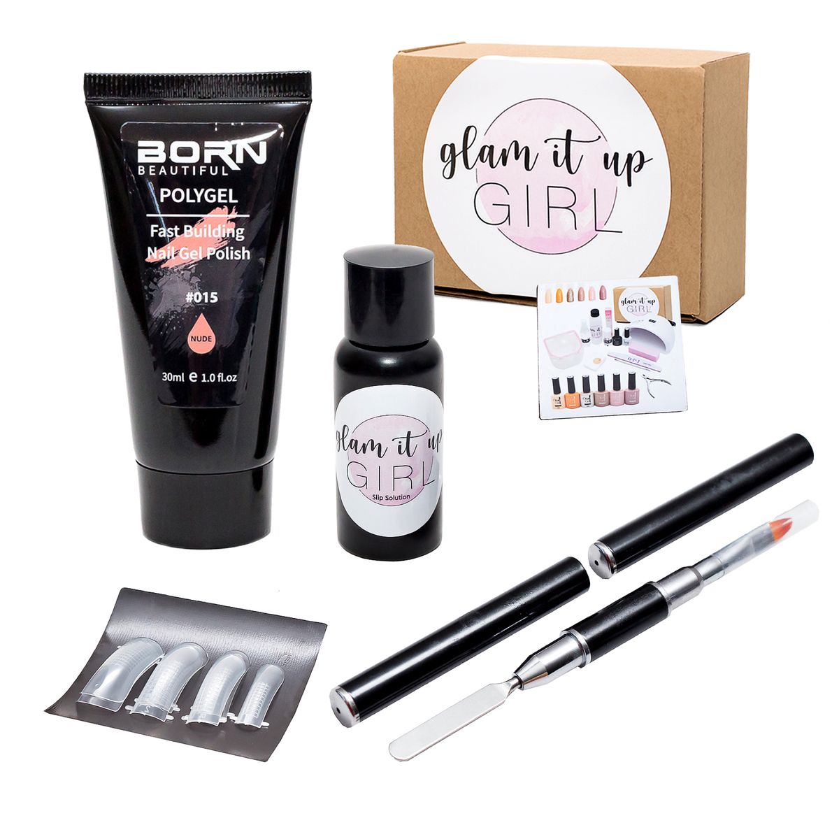 Glam It Up Girl/ UV Polygel, Slip Solution, Brush & Nail Forms Set ...