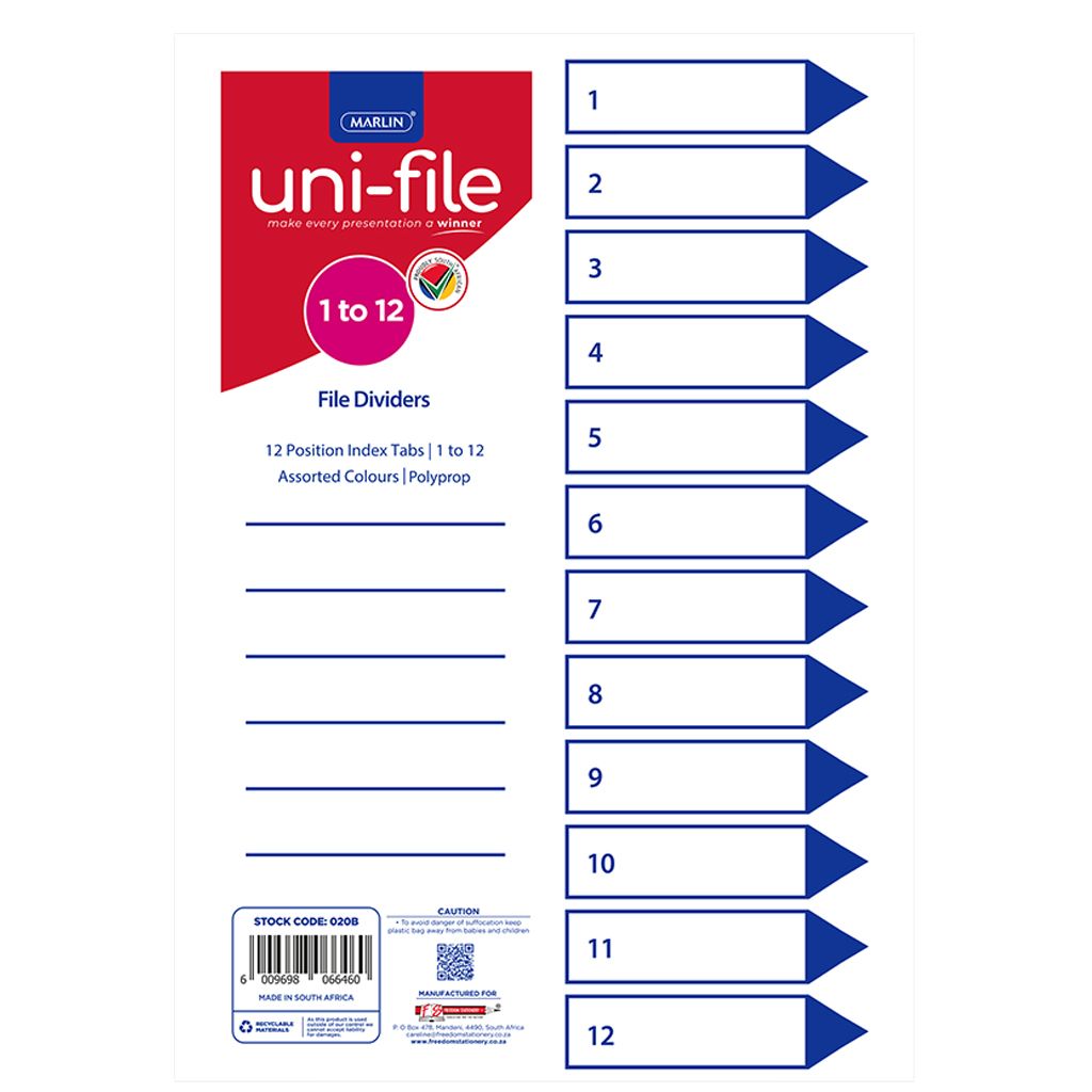 Uni-file File Divider, 12 Tab polypropylene board, printed (Pack of 10 ...