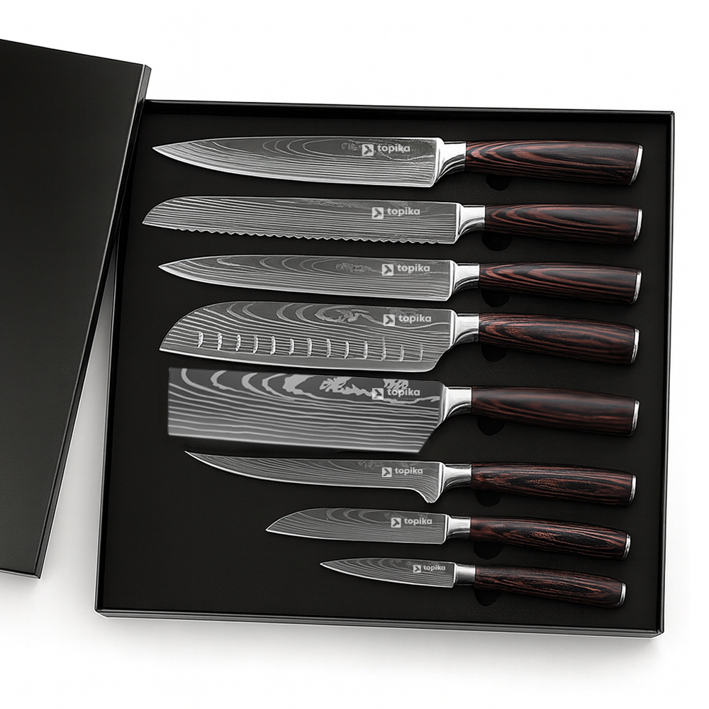 Topika Knife Set 8 Piece, High Carbon Chef Knives with Laser Damascus ...