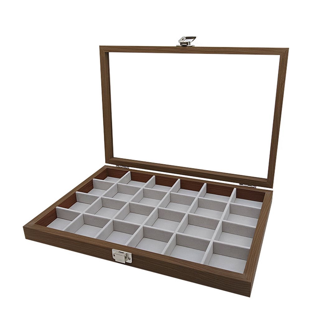 Portable 24 Slots Wood Jewelry Rings Earring Display Box with Cover ...