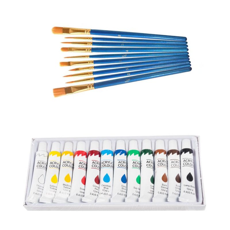 Acrylic Paint Kit 12-Piece 12ml Paint with 10pc Artists Paintbrush Set ...