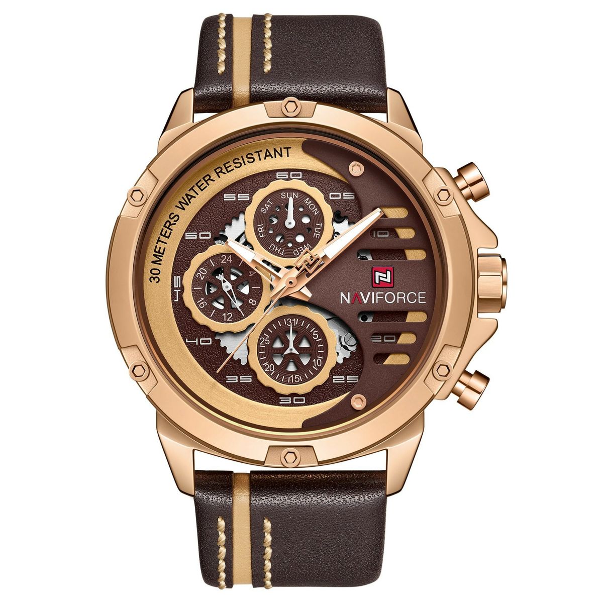 Naviforce Men's Outlaw Chronograph Leather Watch Military Brown & Gold ...