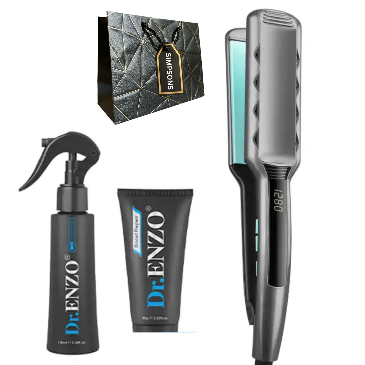 Enzo Pro Hair Straightener, Care Spray & Lotion & Luxury Simpsons Bag ...
