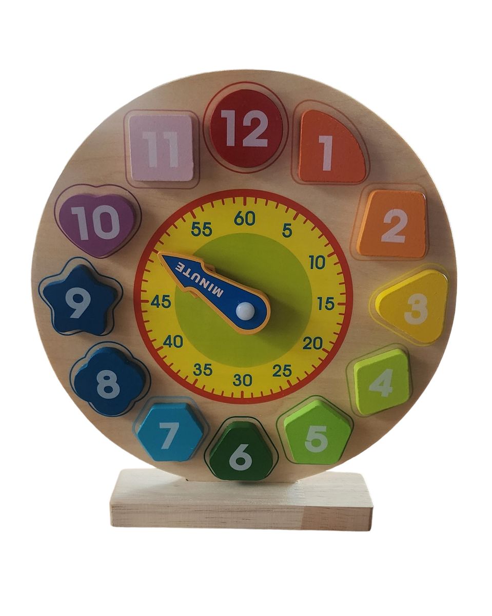 Round Building Blocks Number Shape Sorting Wooden Clock Toy with Stand ...