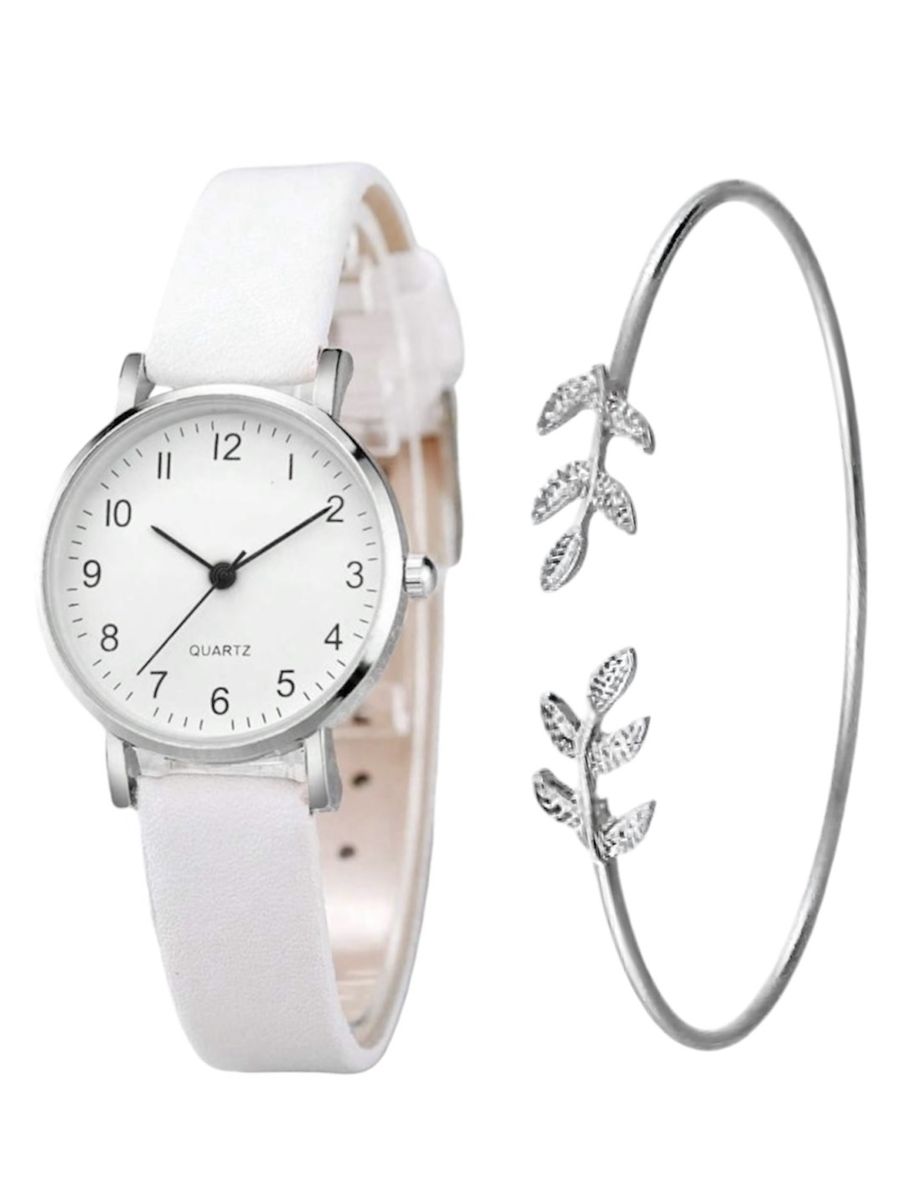 Women's Simple Fashion Quartz Watch With Leaf Charm Bracelet - 2 Piece ...
