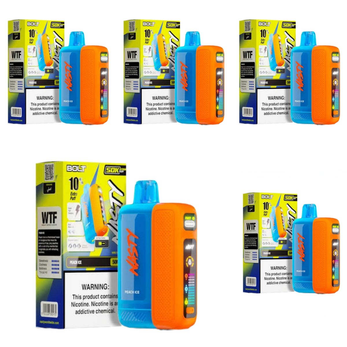 Nasty Bolt Hyperpuff 50000 Puffs Disposable Vape - Peach Ice (Pack of 5 ...
