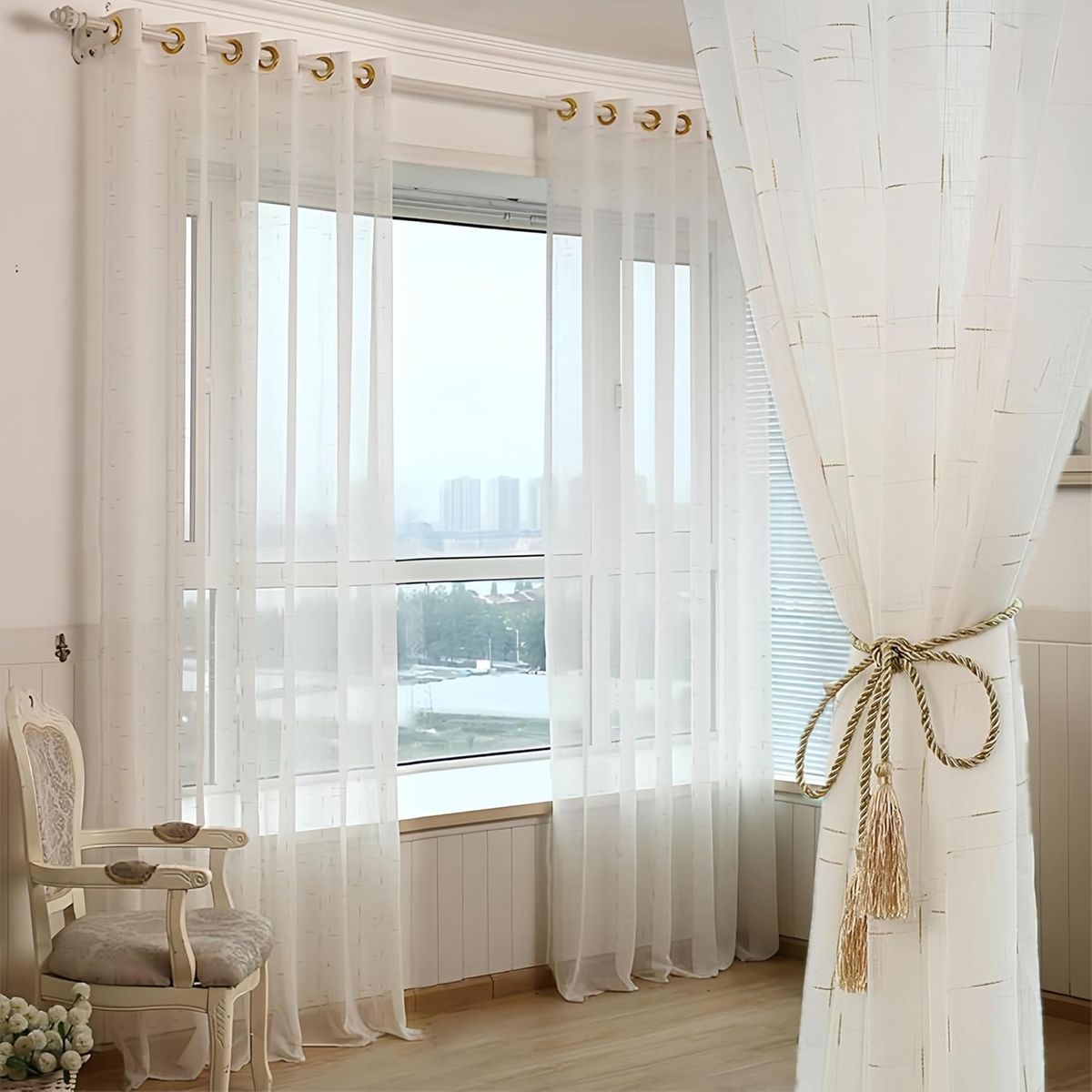 AF Impex Designs Readymade Curtain - Voile Gold Dash Eyelet 2 penal ...