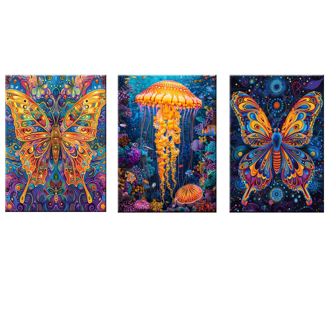 Canvas-Art- 3 Pieces Beautiful Butterfly & Octopus in the Ocean Wall ...