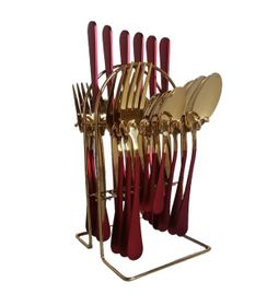 Gold Two-Tone 24 Piece Stainless Steel Flatware Cutlery Set With Stand ...