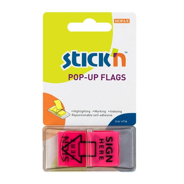 Stick'n Pop Up Neon Pink Printed Sign Here Flags 45x25mm - 50 per pad ...