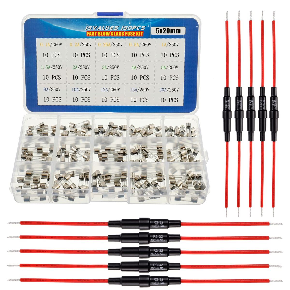 150 Piece Fast Blow Glass Fuses 250V with 10 Pieces 5x20 mm Fuse Holder ...