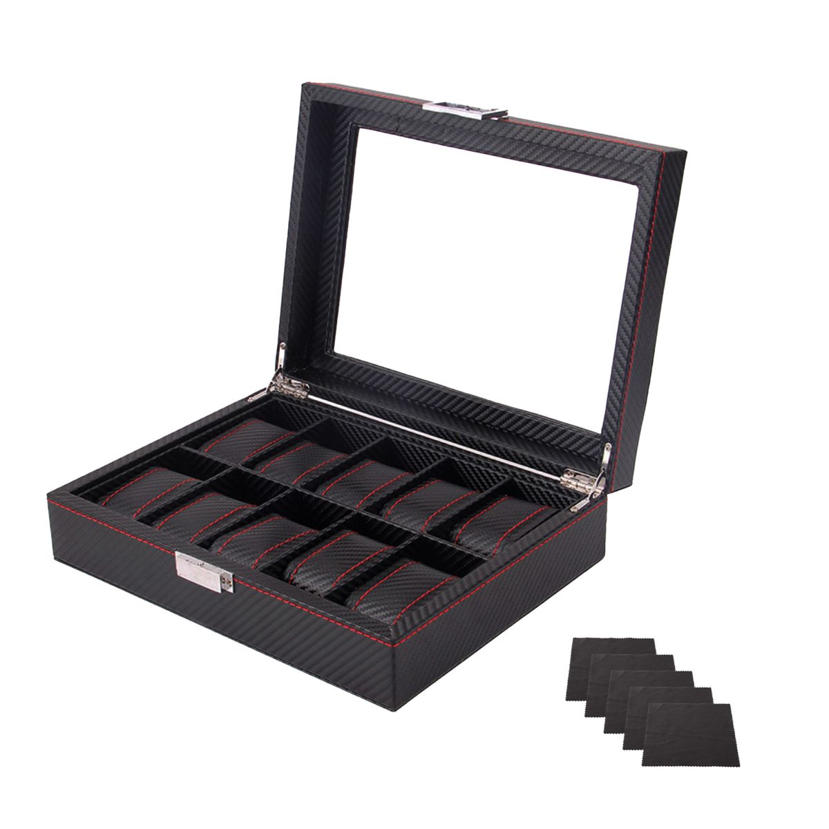 10 Slot Carbon Fiber PU Watch Display Storage Box with 5 Cloth | Shop ...