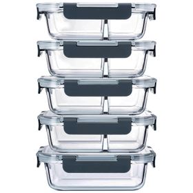 5 Pack Split Compartment Clear Airtight Glass Meal Prep Food Container ...