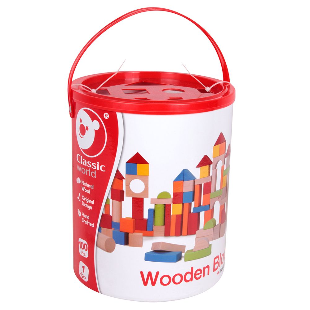 Classic World Wooden Building Blocks with Sorting Lid: 100 Pieces ...