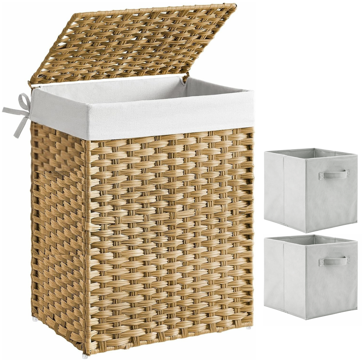 90L Laundry Basket With Lid, Compartment & Linen,2 Collapsible Storage ...