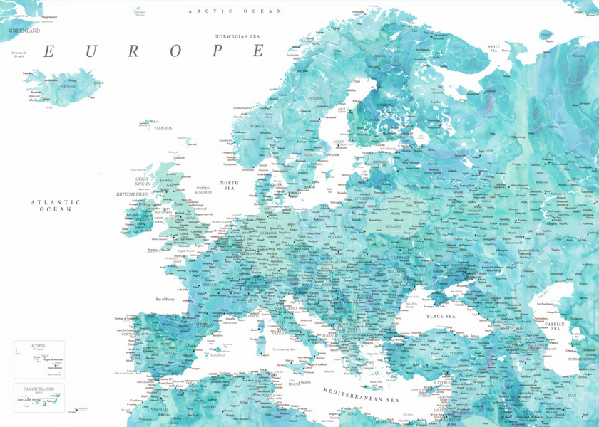 Wall Art Canvas - Aquamarine Detailed Map of Europe | Shop Today. Get ...