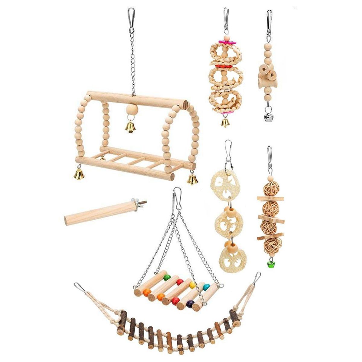 8 Piece Bird Toys Set Combination Hanging Climbing Wooden Training ...