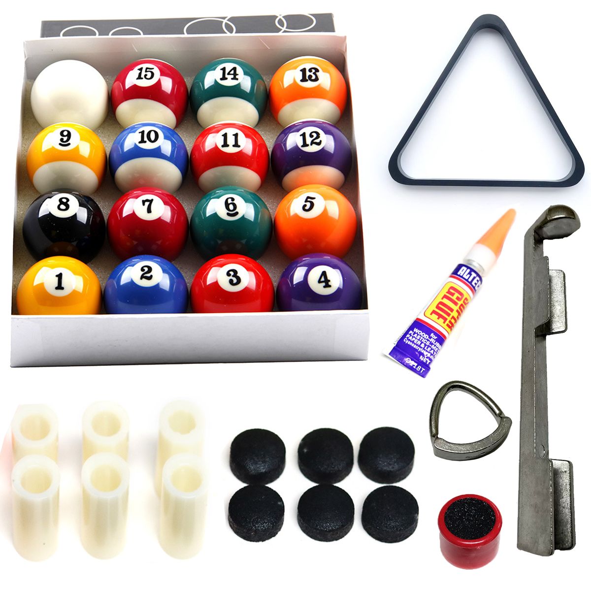 Pool & Snooker Balls Triangle Pool Ball Rack Cue Tip Repair Kit Combo ...